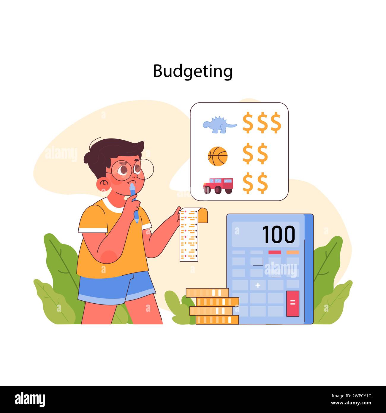 Budgeting concept. Boy calculates and assesses toy costs against ...