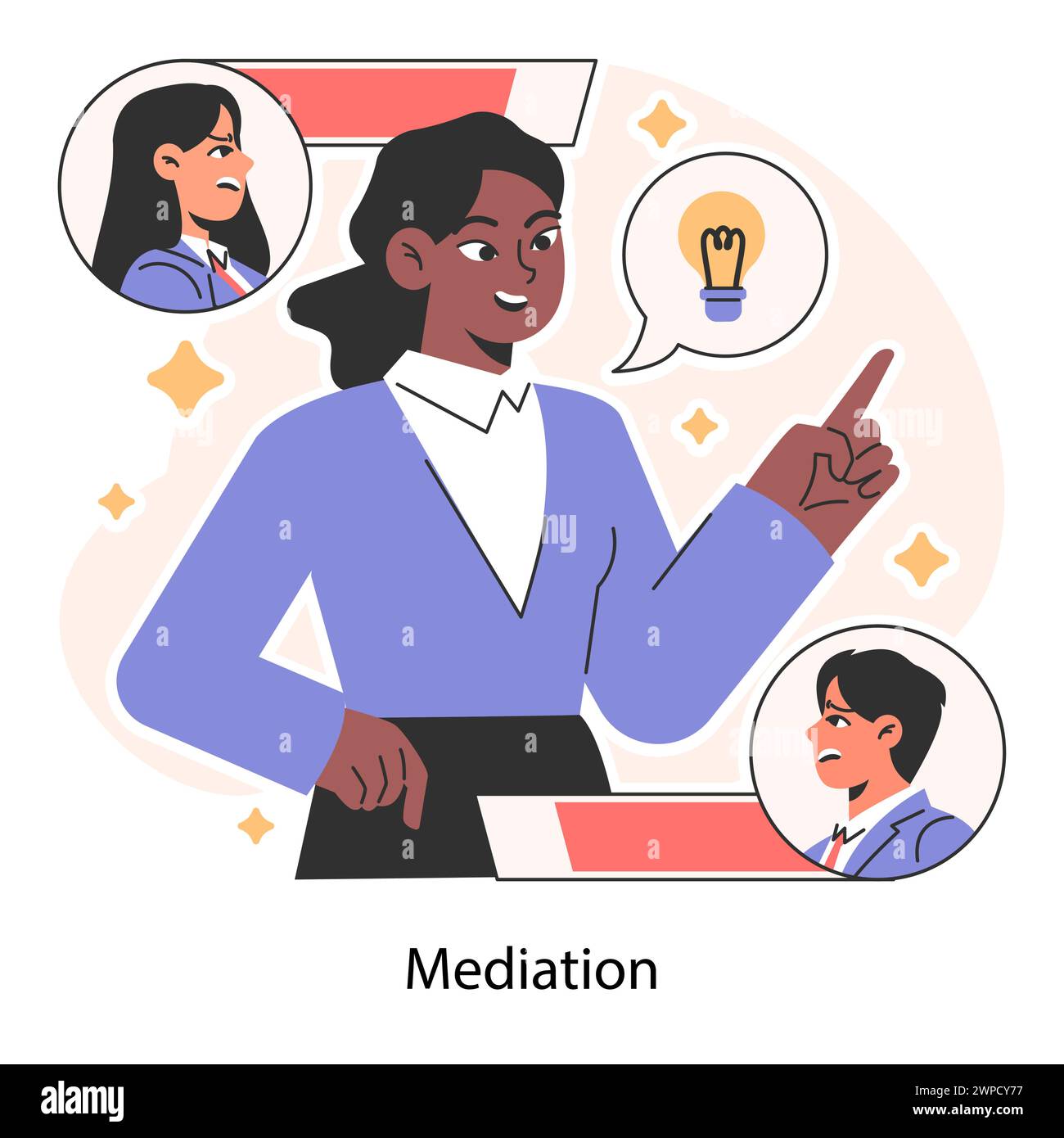 Mediator. Black businesswoman highlights a solution, bridging two ... Mediator. Black businesswoman highlights a solution, bridging two ...