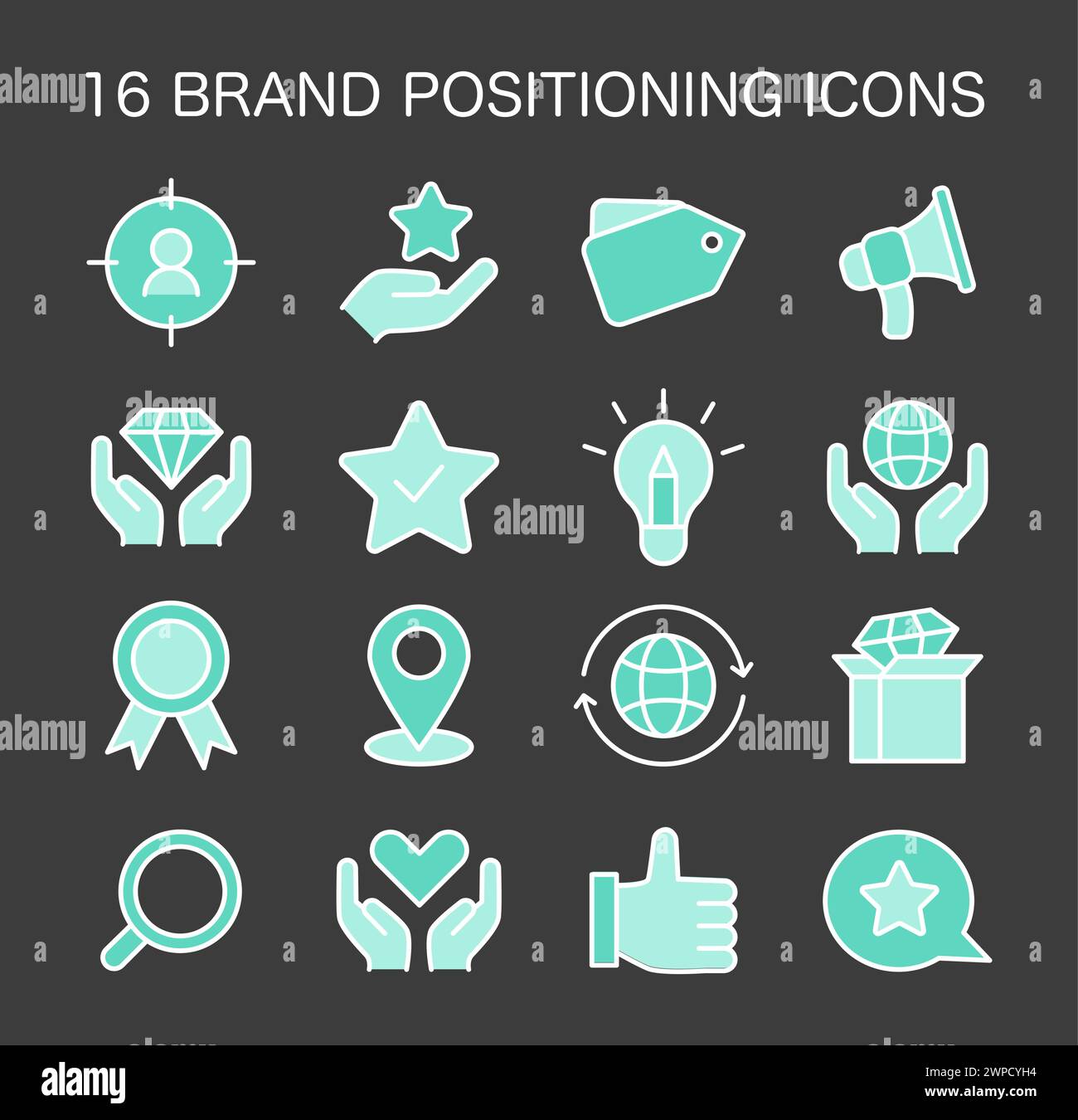 Set of brand positioning icons. Showcasing key marketing elements like ...