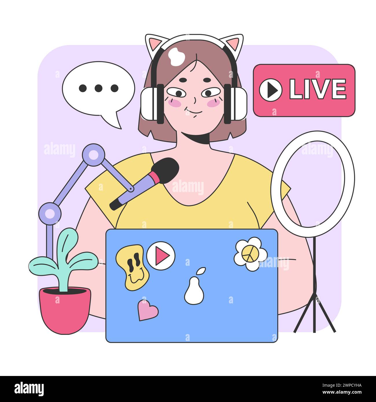Charming female streamer goes live, equipped with cat-ear headphones ...