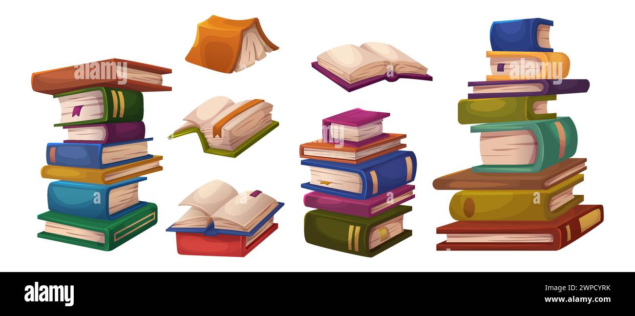 Book stack and single, closed and open in cartoon vector illustration ...