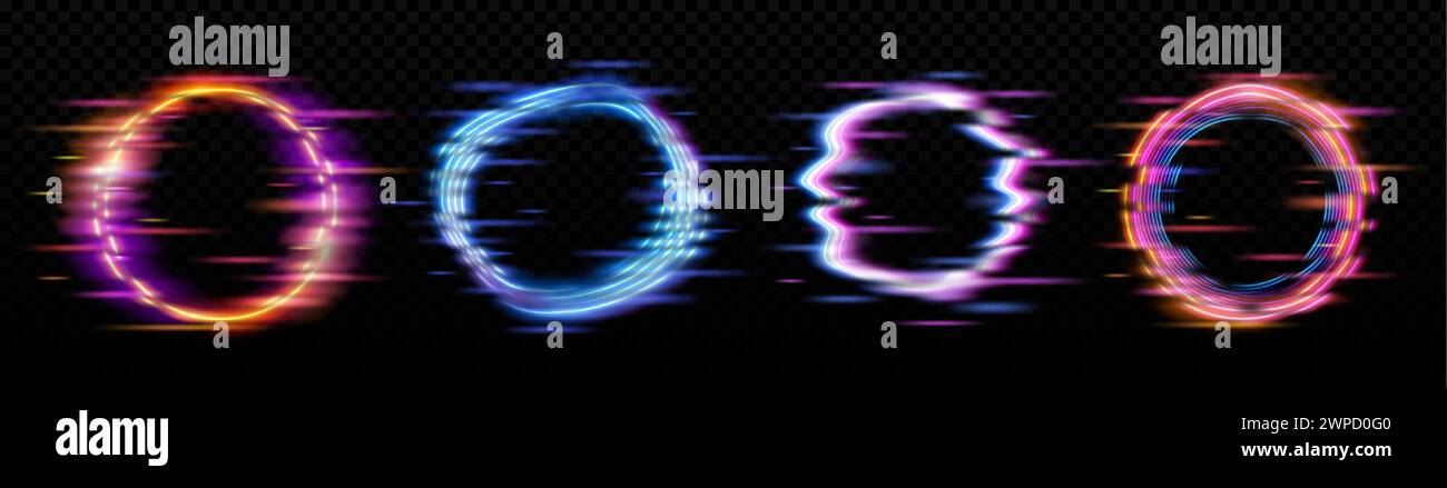 Neon glowing circle frame with glitch effect on black background. Realistic vector illustration ...