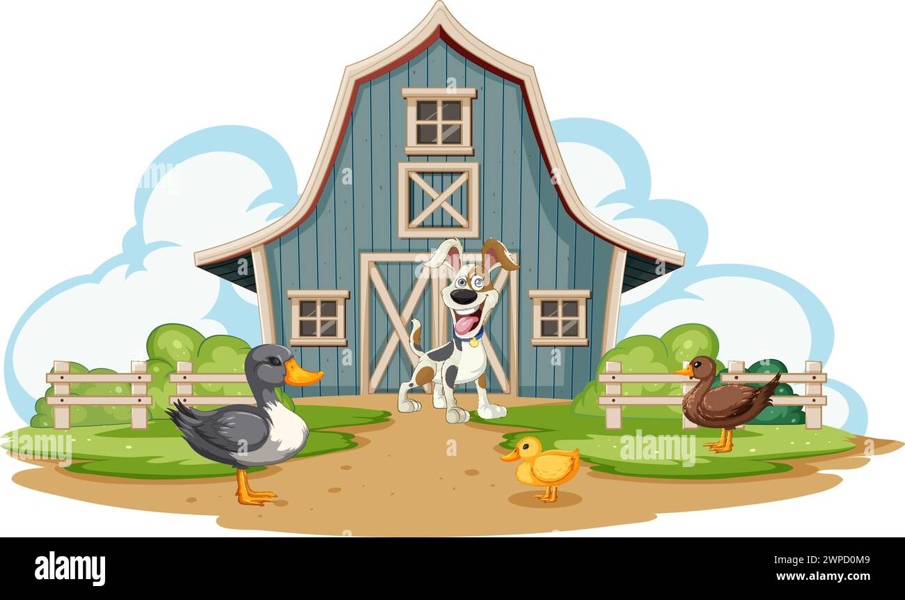 Cartoon animals in front of a farmhouse scene Stock Vector Image & Art ...