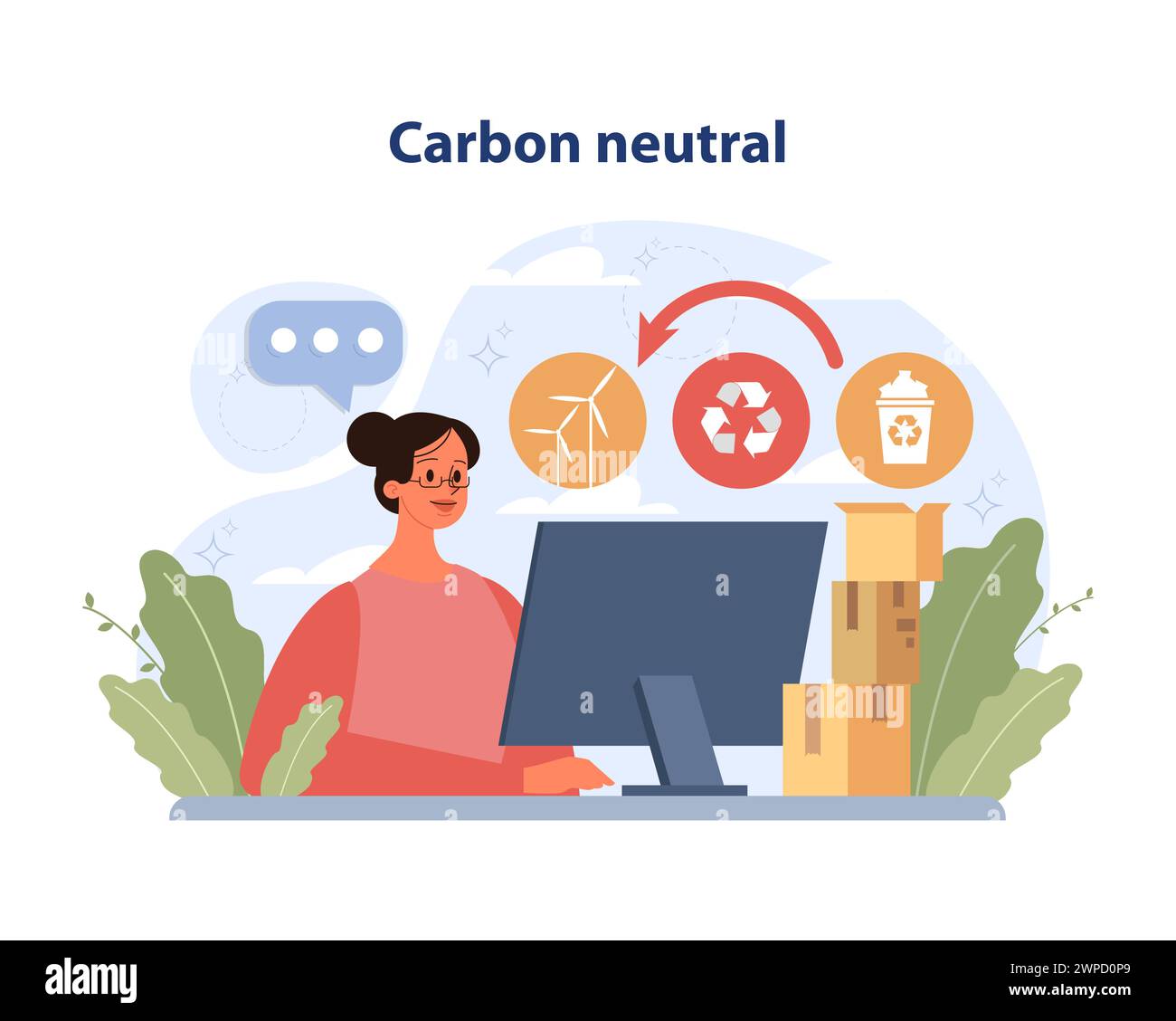 Carbon Neutral concept. Woman at desk with eco symbols indicating wind ...