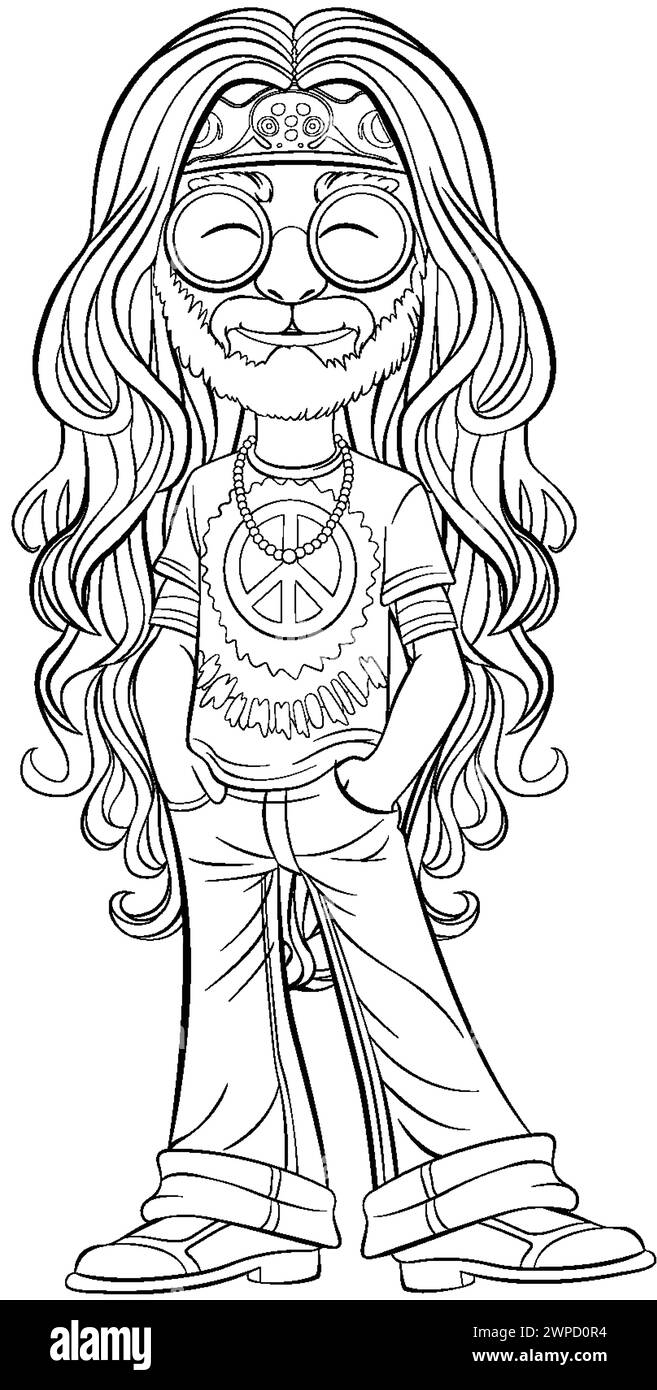 Black and white illustration of a hippie character Stock Vector Image ...