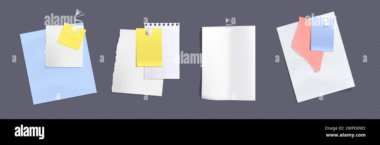 Memo note paper sheets attached with adhesive tape and pins. White and ...