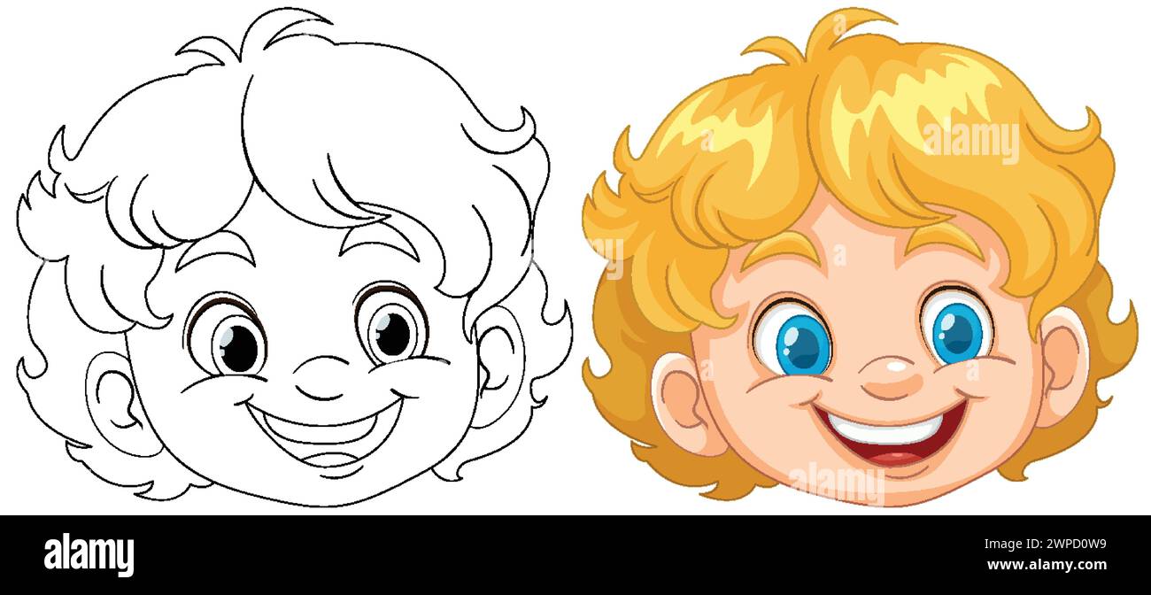 Line art and colored version of a happy child's face Stock Vector Image ...