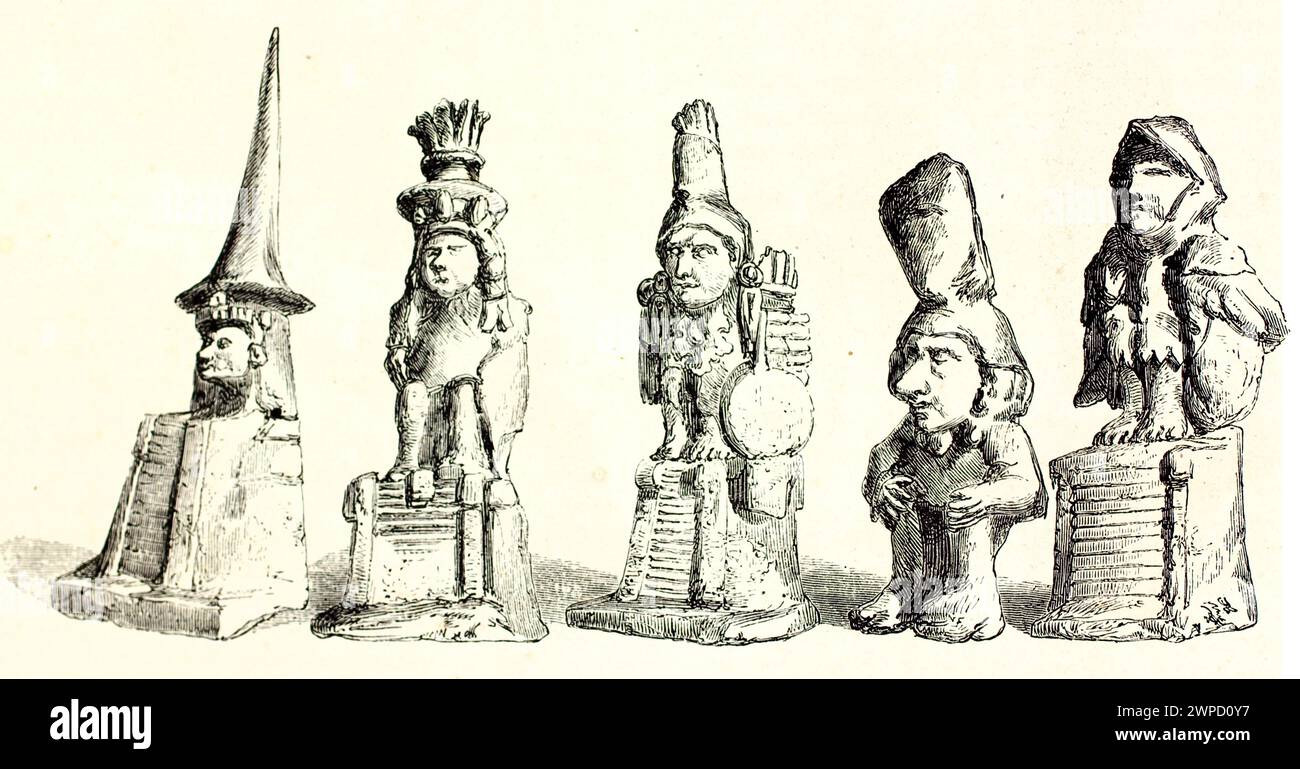 Old engraved reproduction of pre-Columbian figurines exhibited at ...