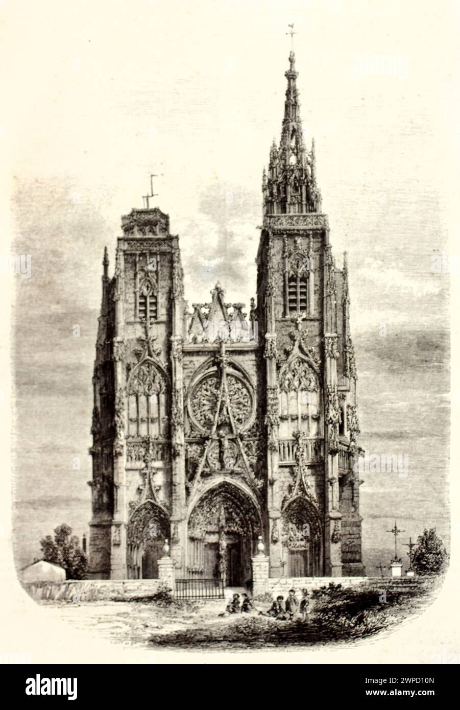 Antique engraving depicting the gothic basilica of Notre-Dame de l ...