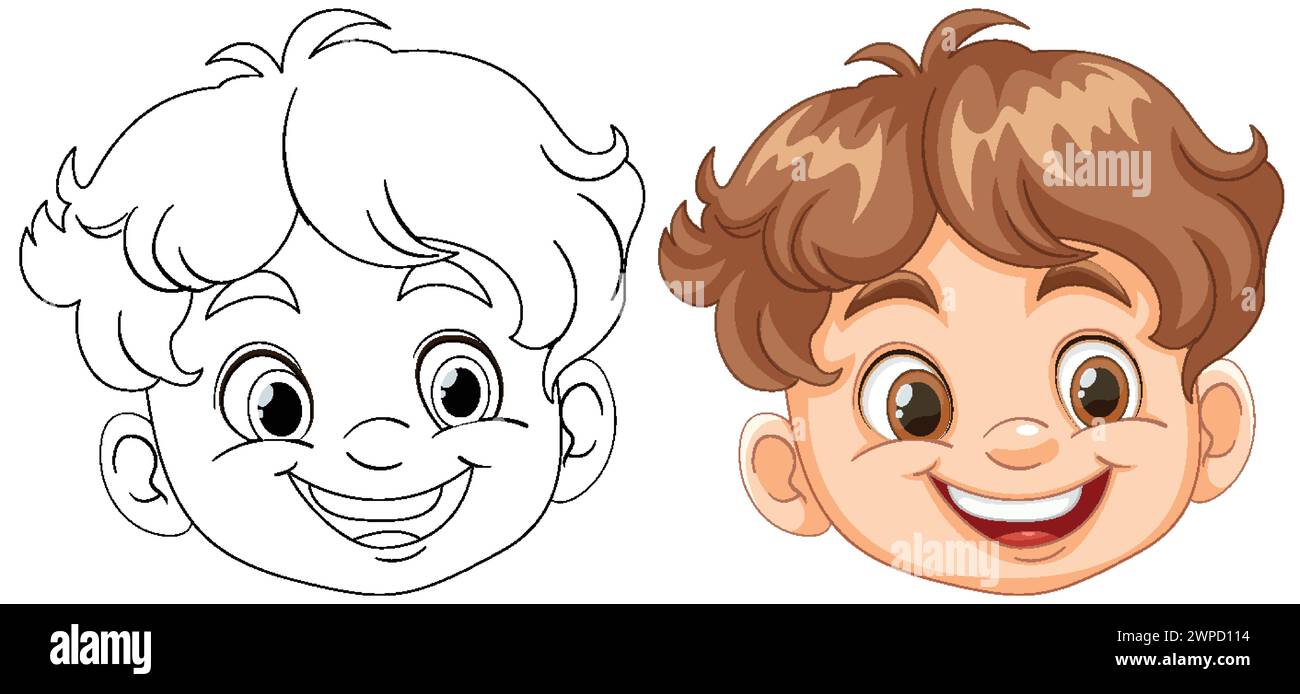 Two cartoon boy faces, one outlined, one colored Stock Vector Image ...