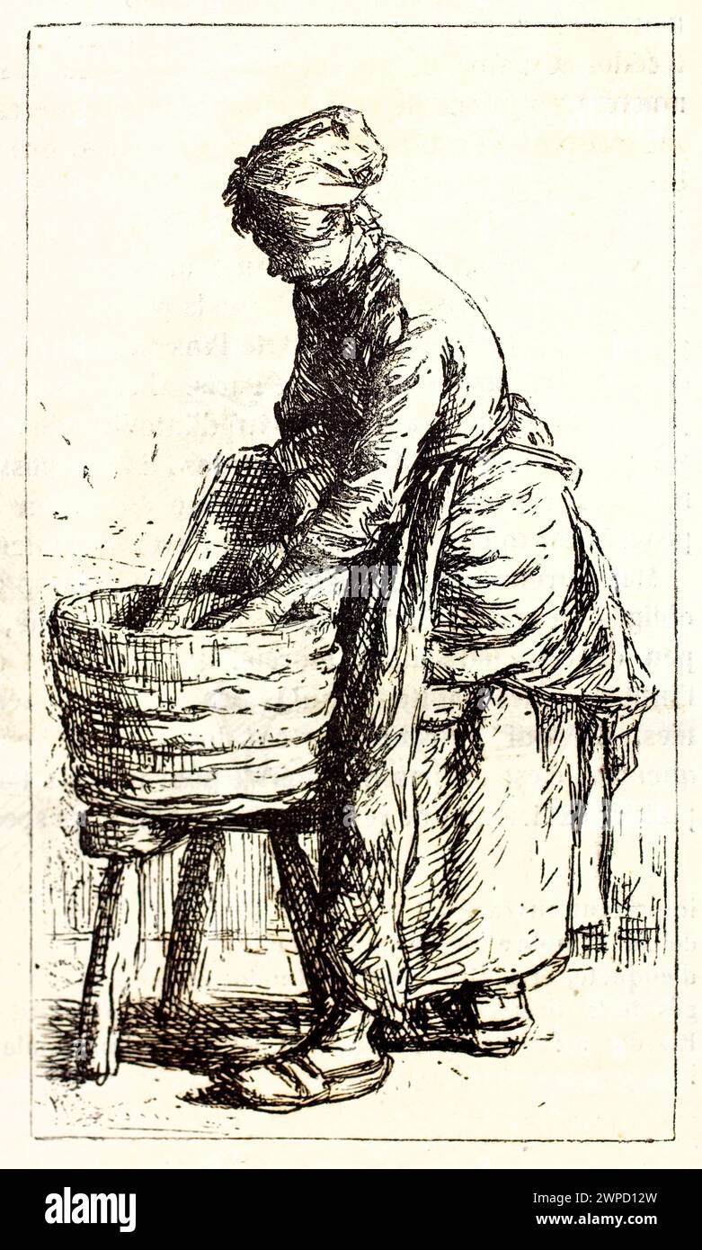 Antique sketch-style engraving of a woman hand washing laundry in a ...