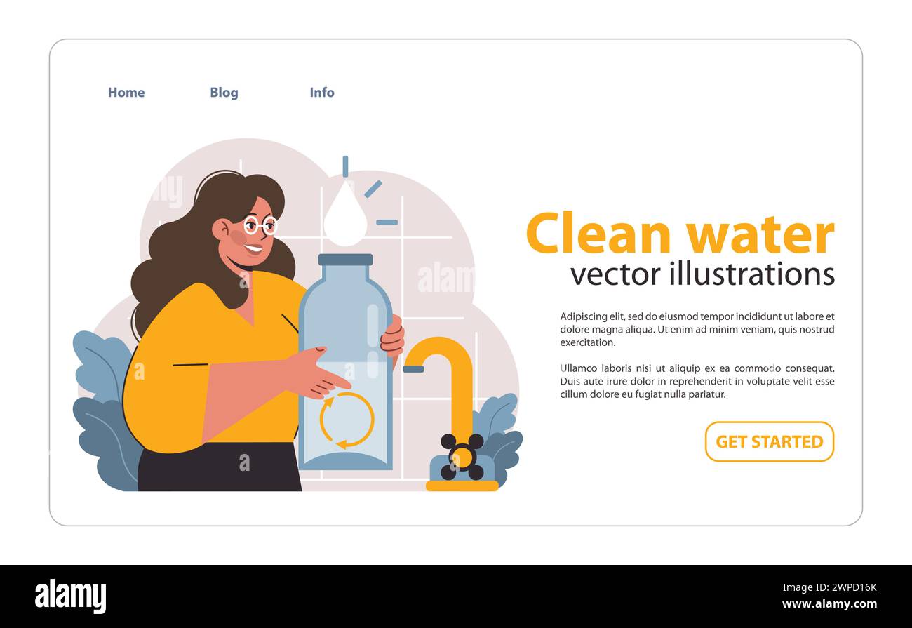 Clean water web banner or landing page. Woman pouring clean water from faucet. SDG or ...