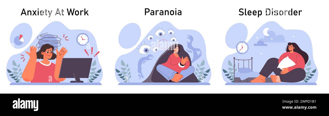 Anxiety set. Character mental health issues. Woman coping with ...