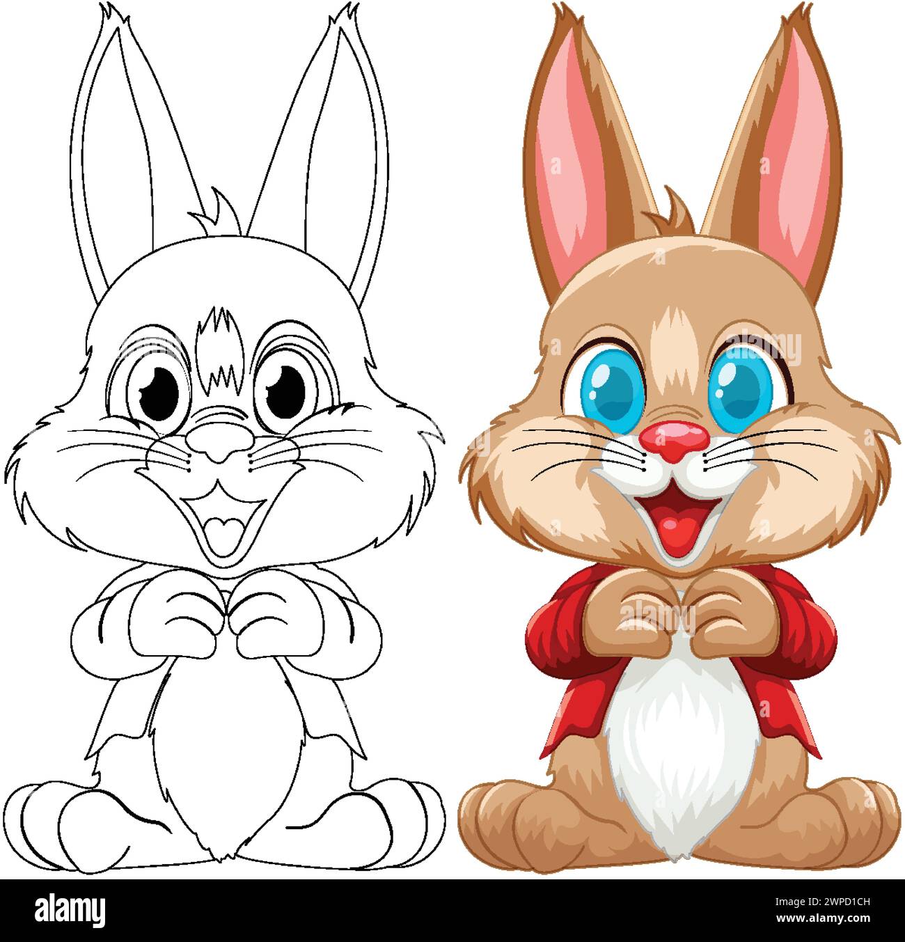 Two rabbits, one sketched and one colored, smiling Stock Vector Image ...
