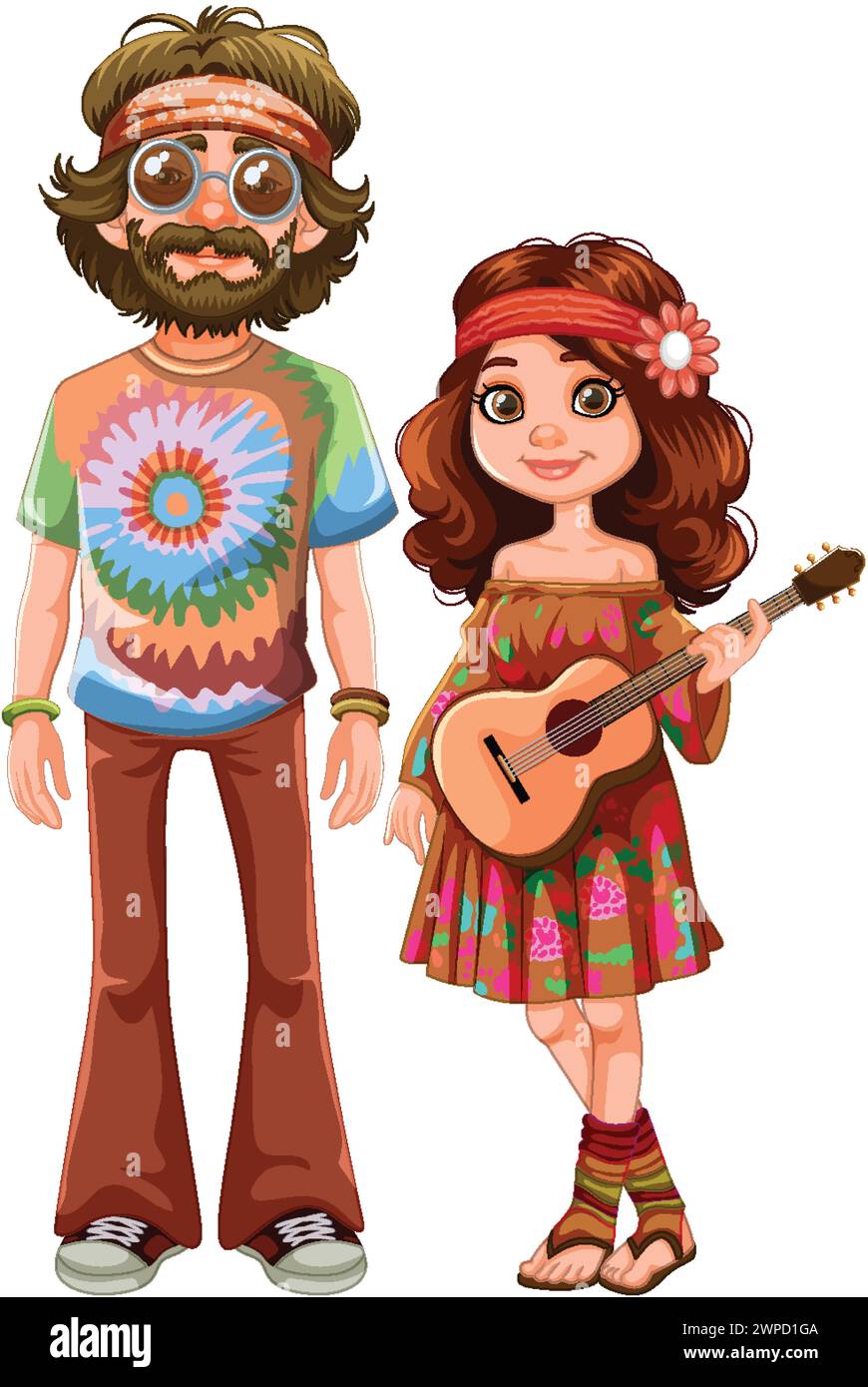 Cartoon hippies with colorful clothing and guitar Stock Vector Image ...