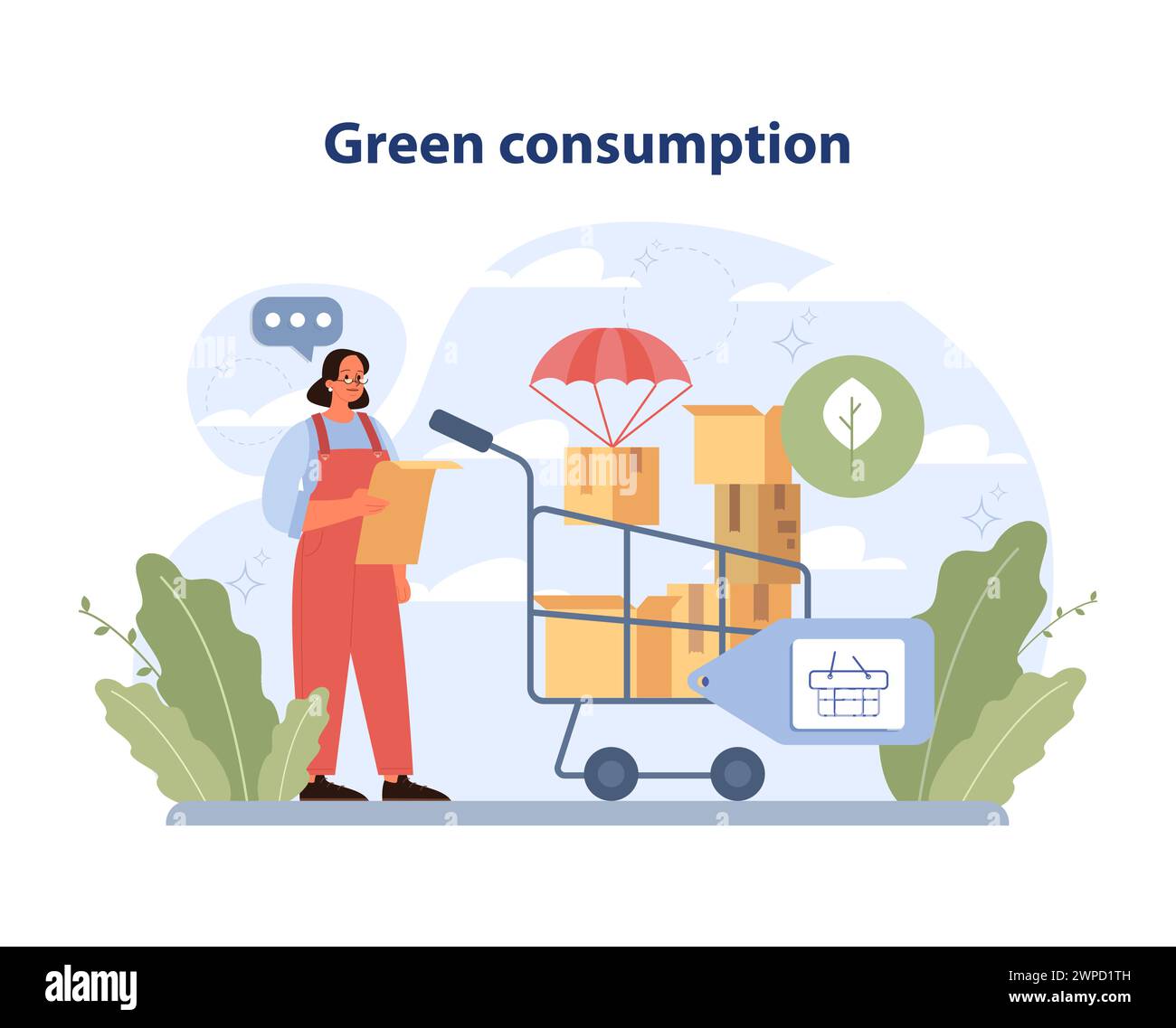 Green Consumption concept. Woman in overalls efficiently shops with ...