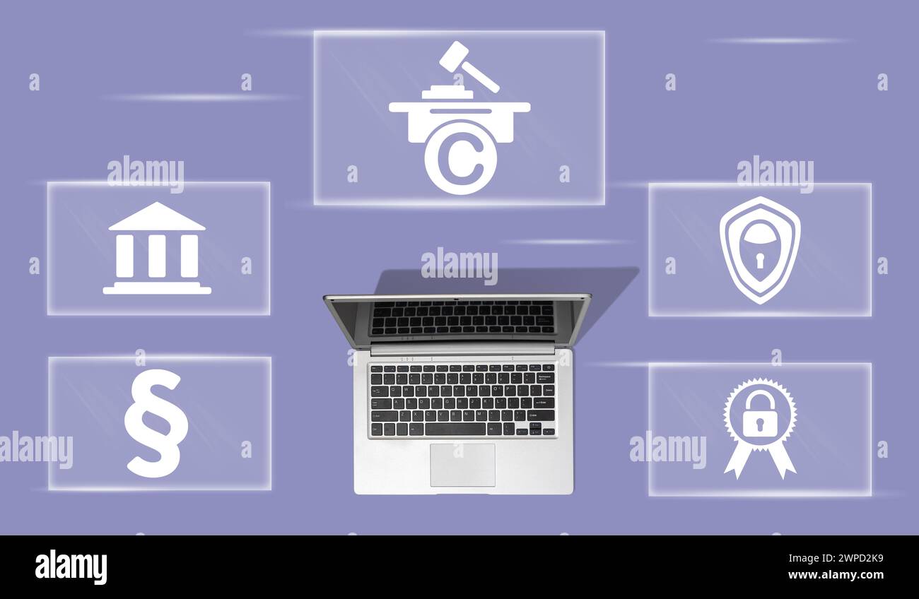 Top view of laptop with symbol of copyright concept Stock Photo - Alamy