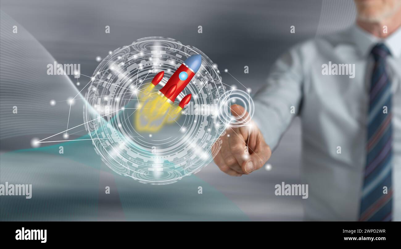 Man touching a high technology startup on a touch screen with his ...