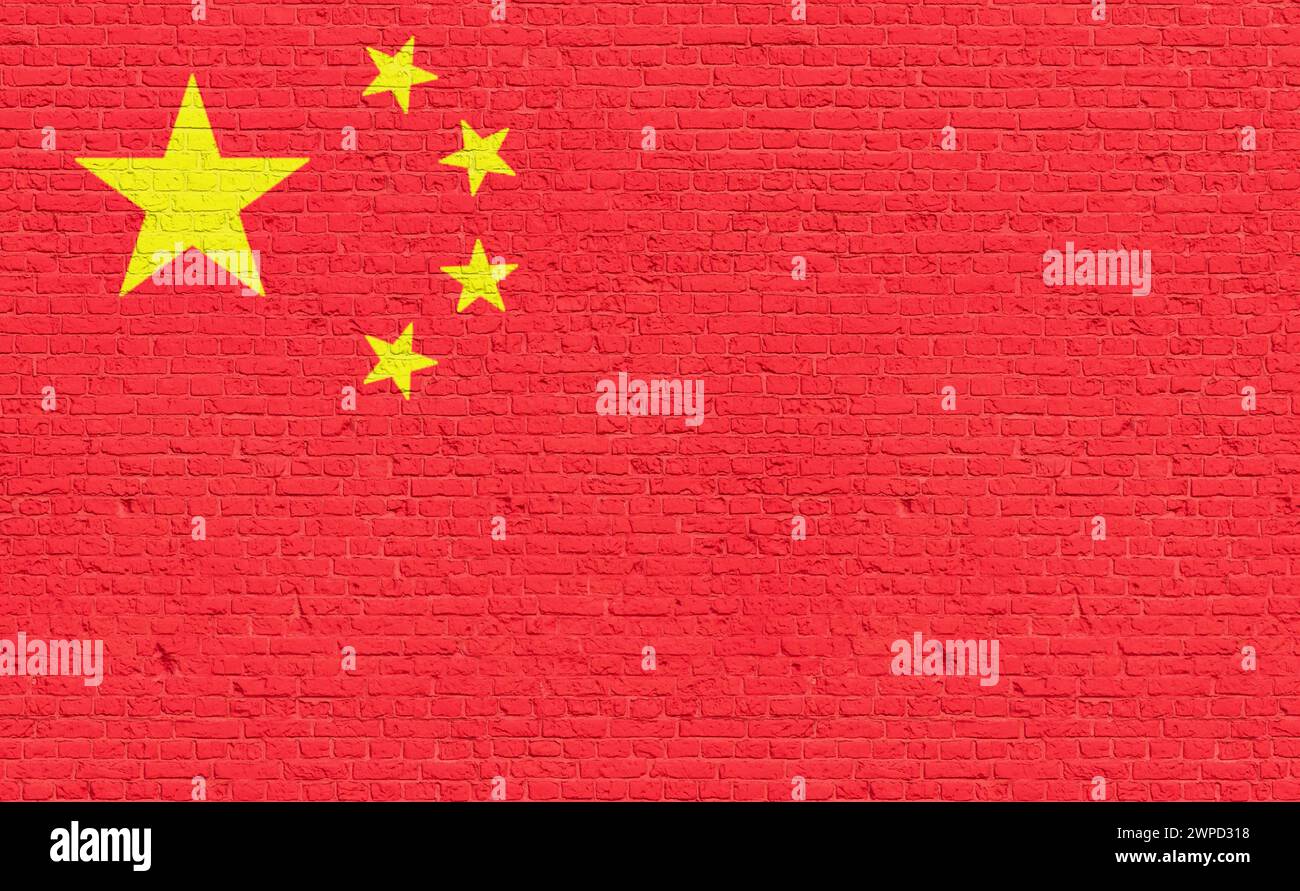 China flag colors painted on a brick wall. China flag colors painted on ...