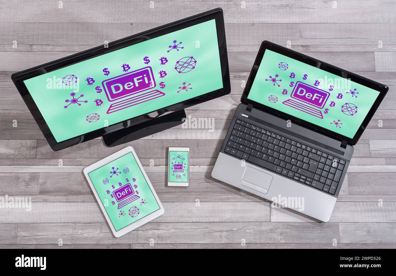 Defi concept shown on different information technology devices Stock ...