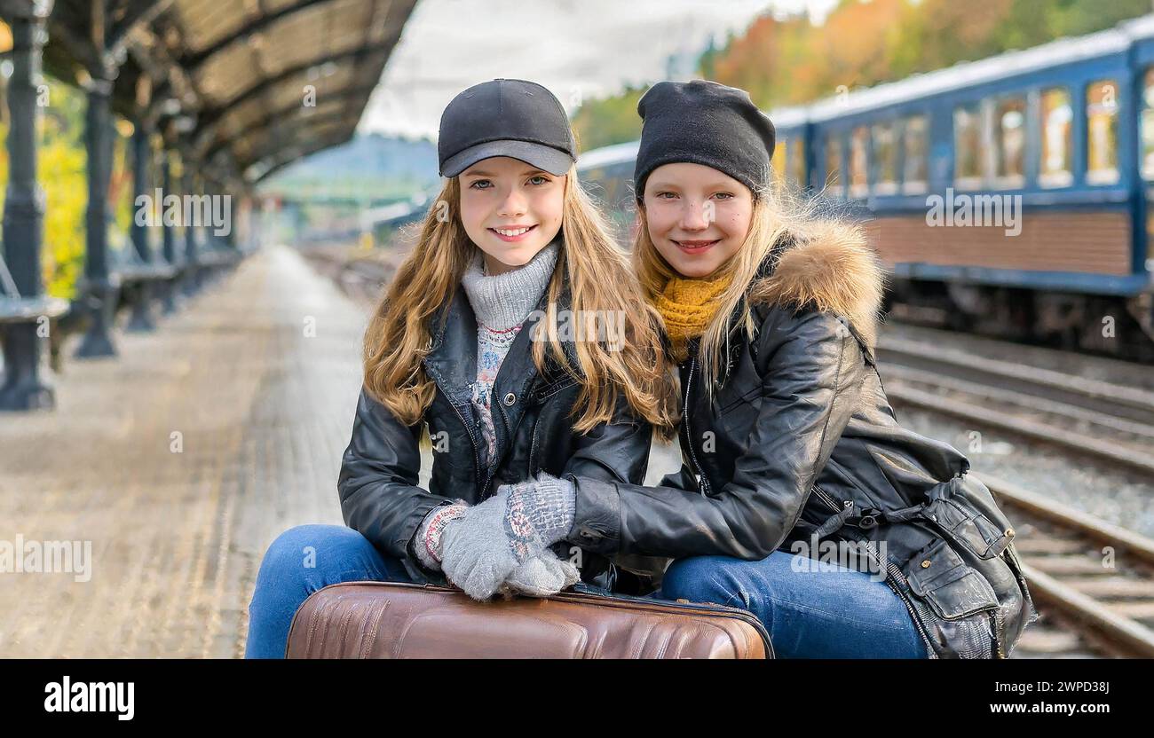 KI generiert, Zwei junge blonde Frauen wollen verreisen und warten im Bahnhof auf den Zug, 18 ...