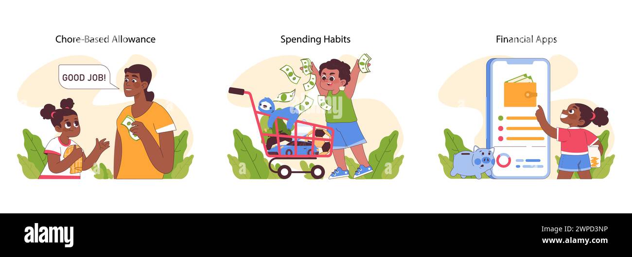 Pocket money set. Kids learning financial skills, from savings to budgeting. Allowance from ...