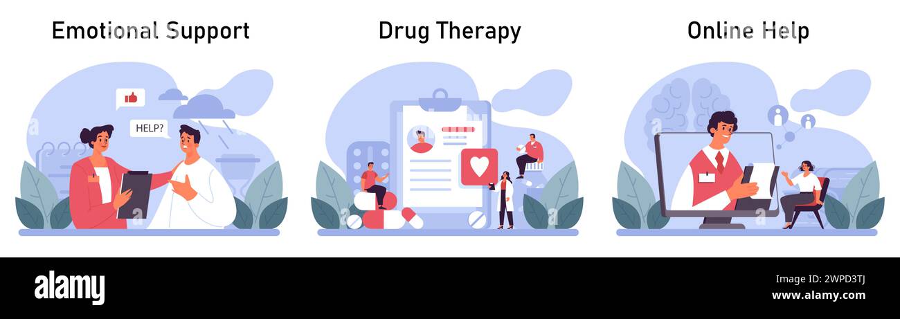 Psychotherapy set. Psychiatrist consulting a patient on mental health ...