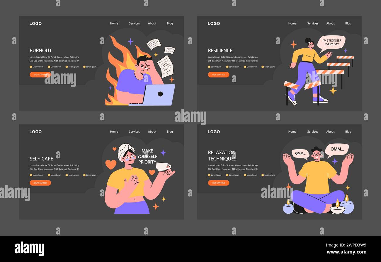 Stress management web banner or landing page night or dark mode set ...