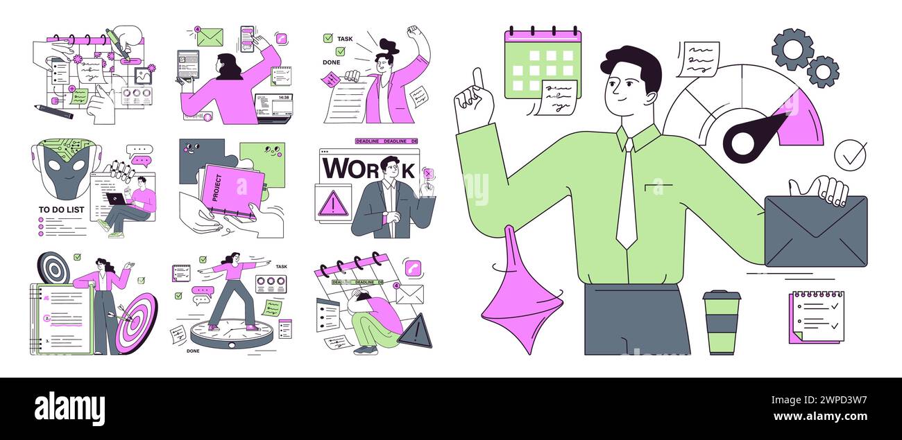 Employee efficiency set. Business character or employee productive ...