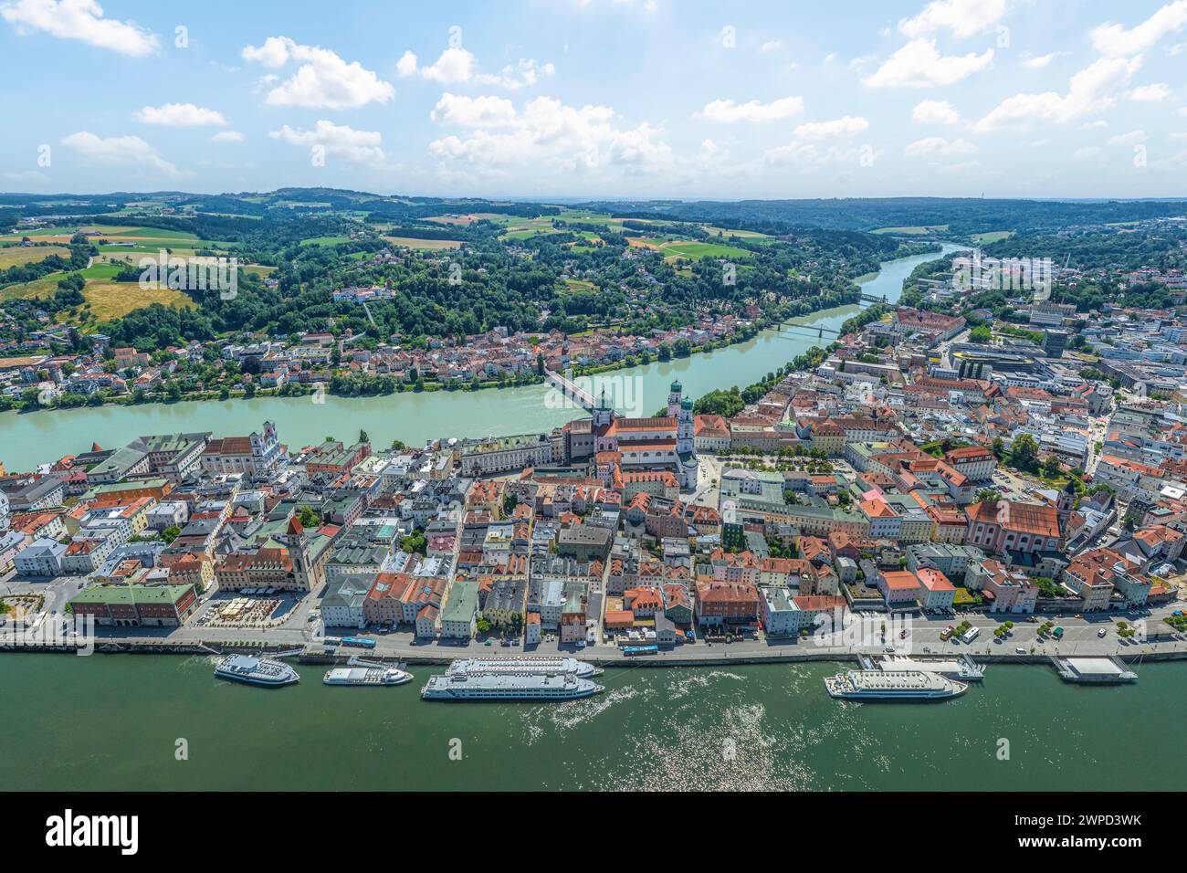 Aerial view of the three-river city of Passau at the confluence of the ...