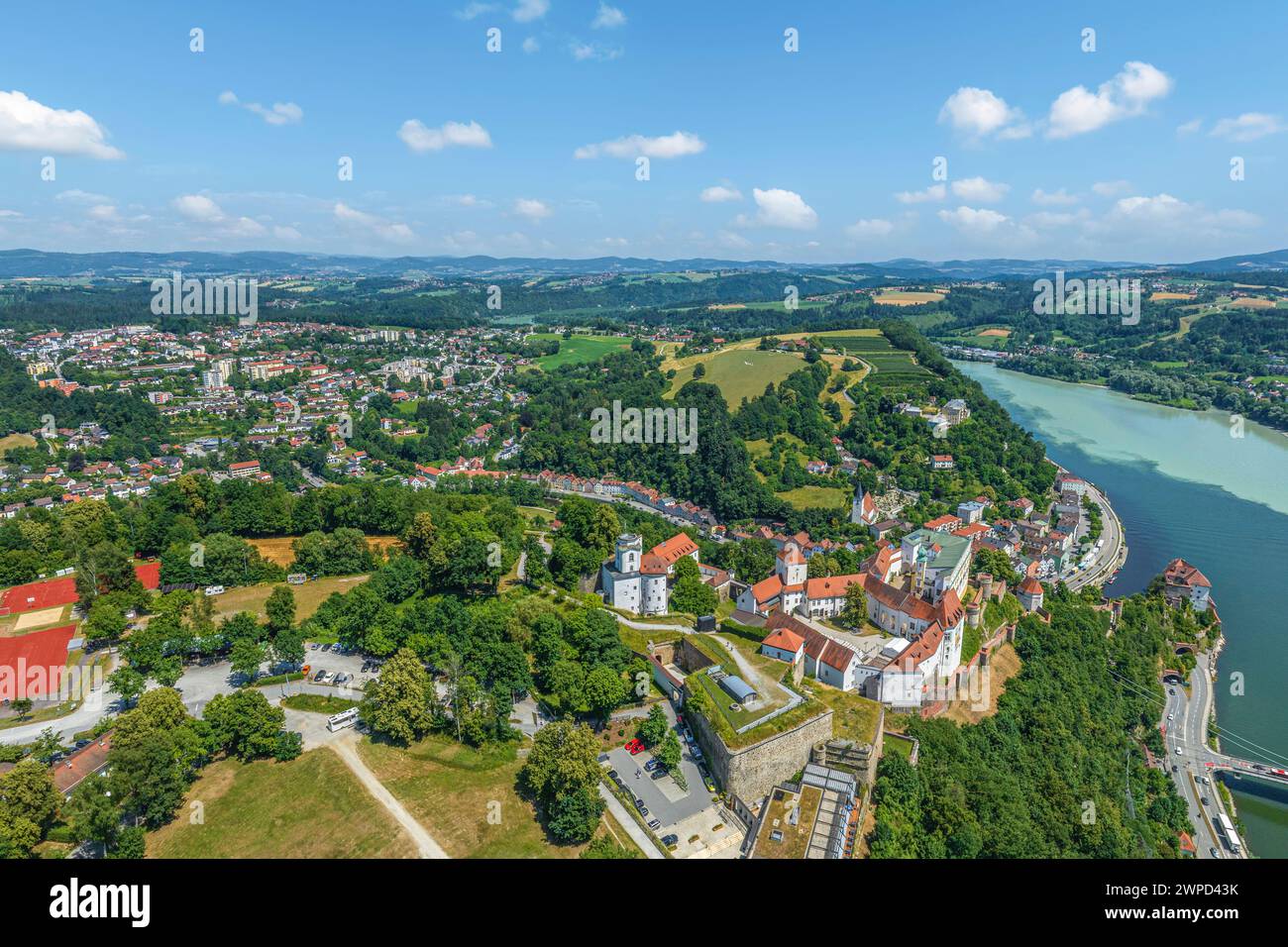 Aerial view of the three-river city of Passau at the confluence of the ...