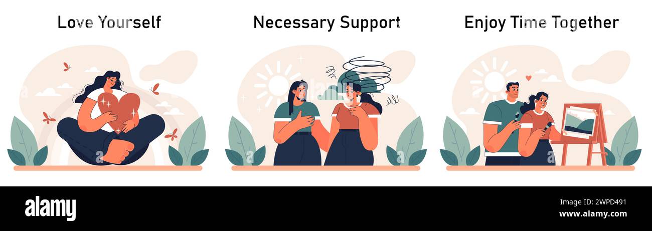 Positive relationships set. Loving family connection and friends ...