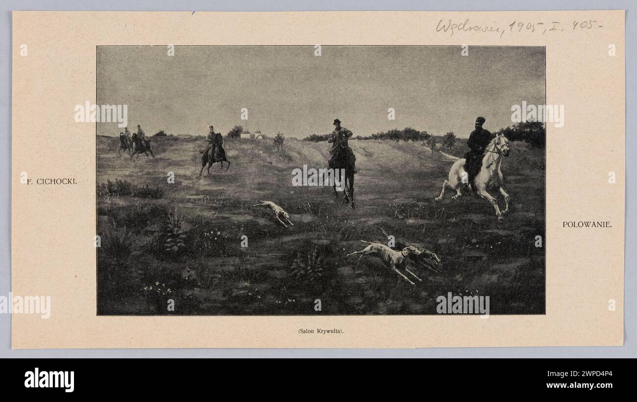 Illustration 'Hunting' by Feliks Cichocki, 1905, depicting a hunting ...
