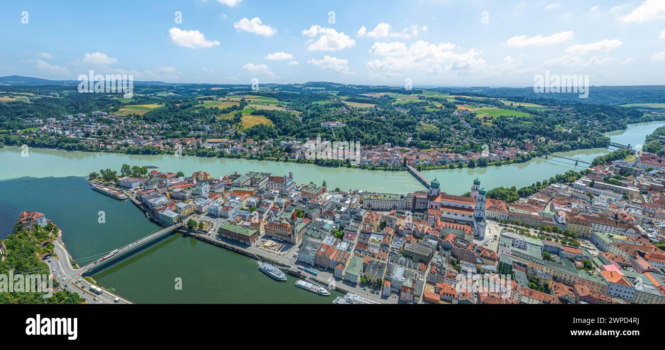 Aerial view of the three-river city of Passau at the confluence of the ...