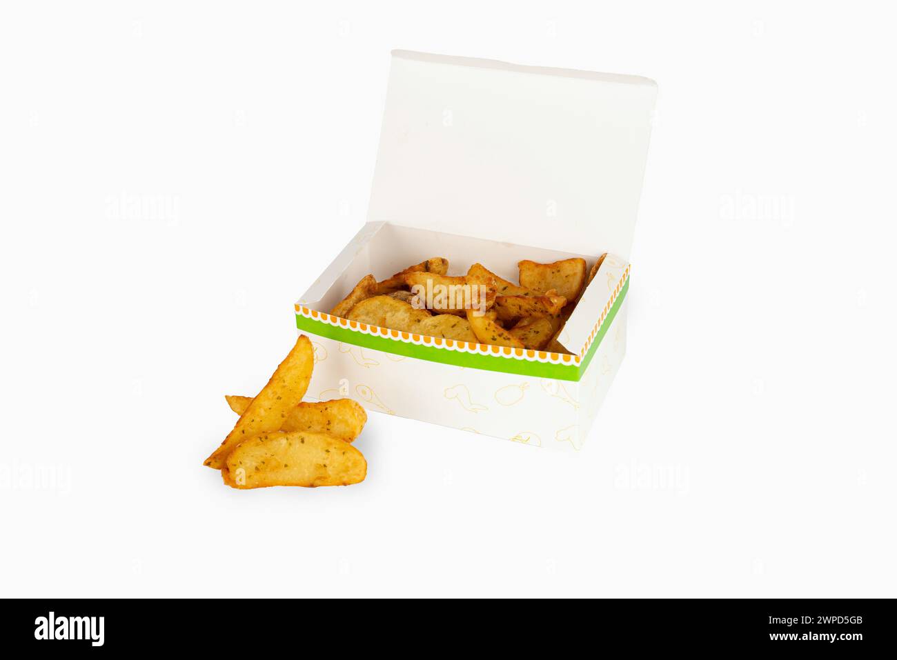 fried potato wedges in a white carton box isolated on white background ...