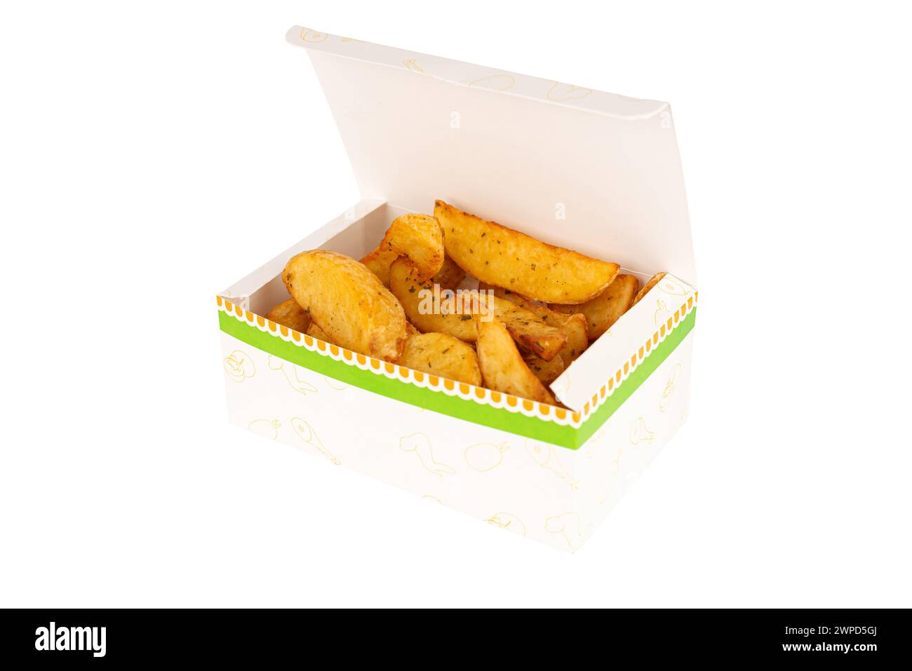 fried potato wedges in a white carton box isolated on white background ...