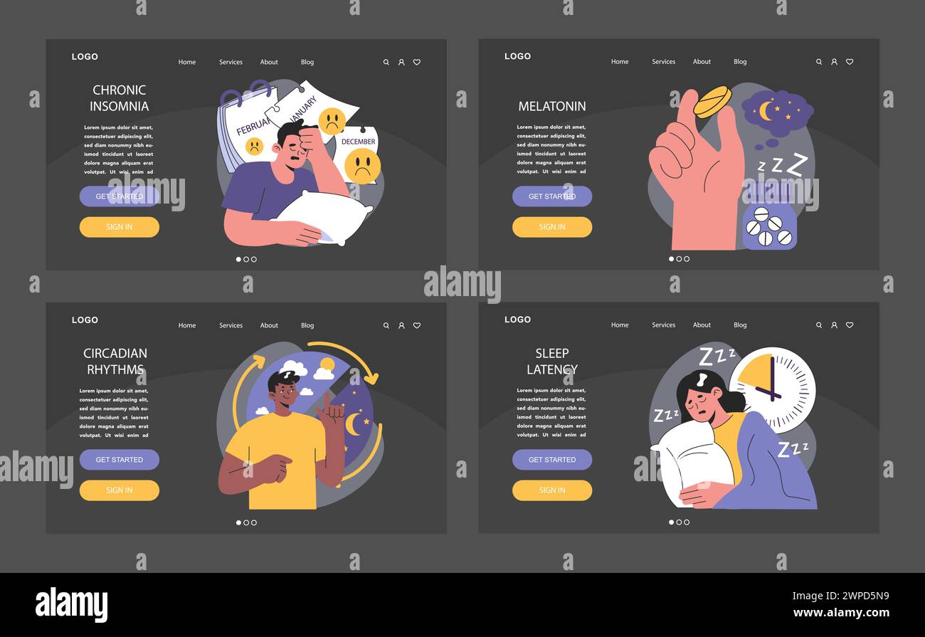 Insomnia dark or night mode web, landing set. Diverse characters ...
