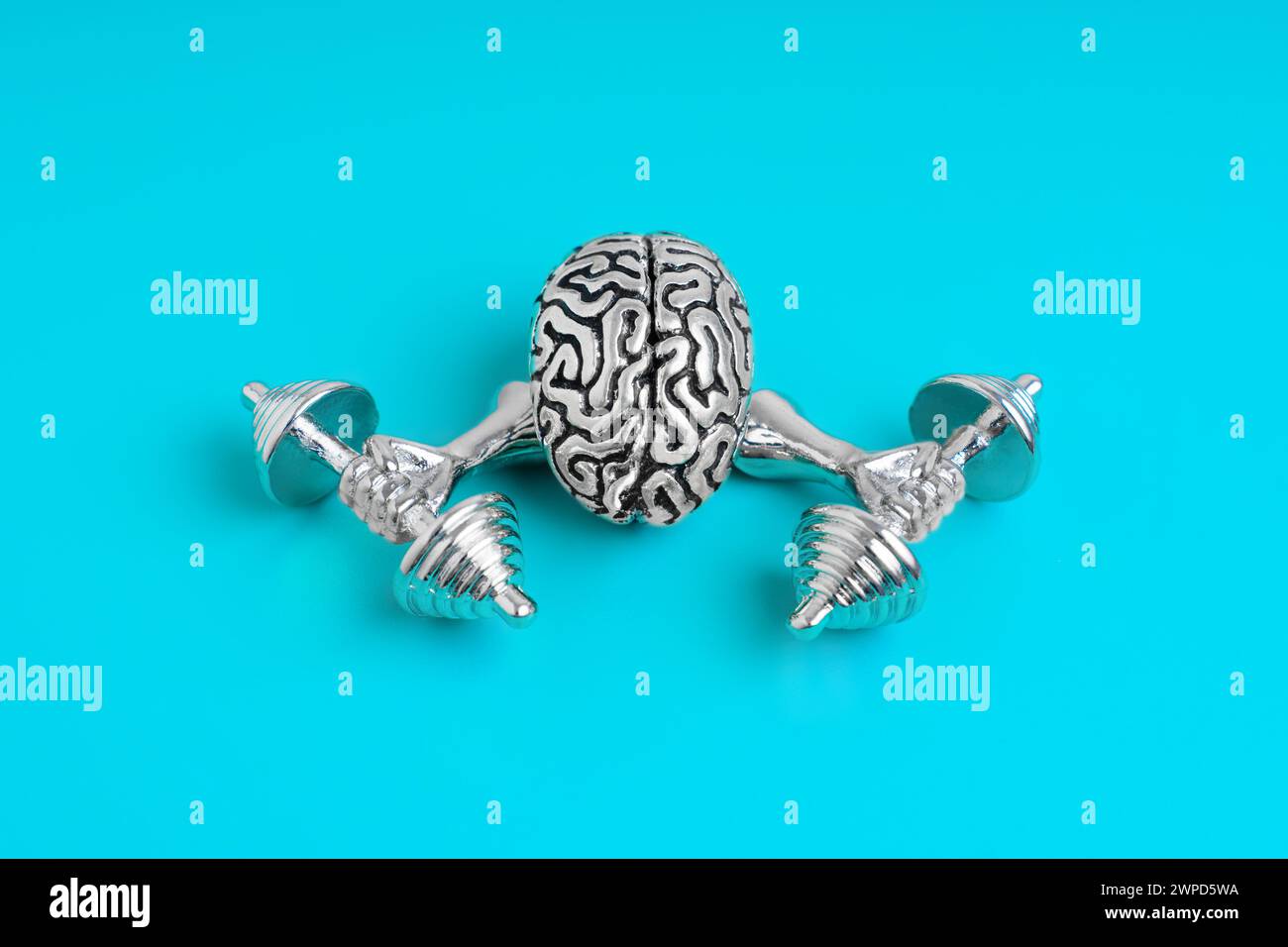 Metal model of the human brain, equipped with strong hands, lifting ...
