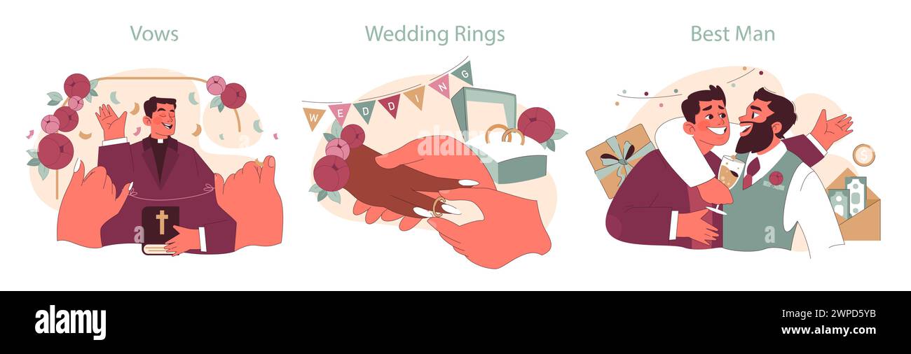 Wedding moments set. Priest guiding the couple's vows, hands exchanging ...