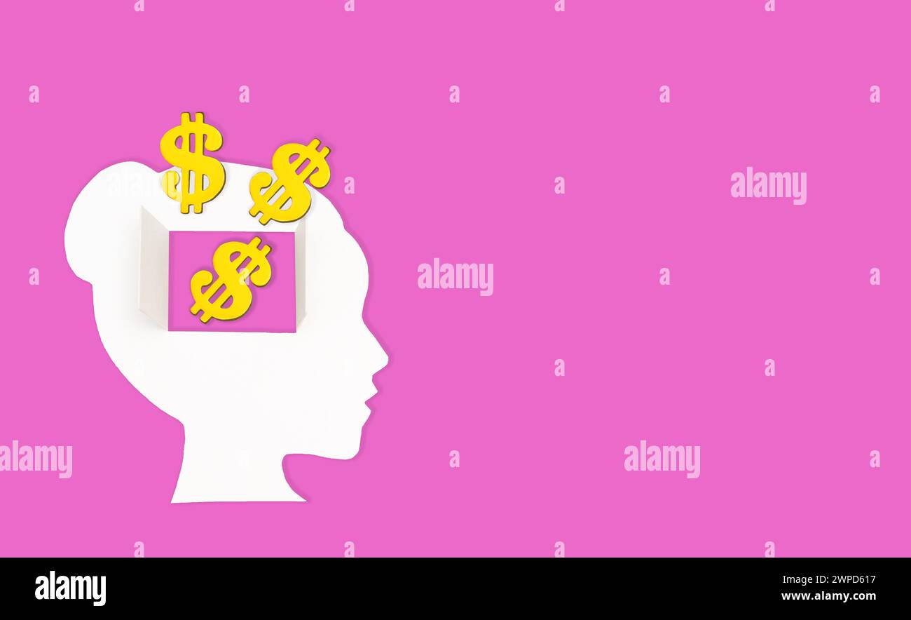 Female paper head isolated on pink background. Golden dollar signs ...