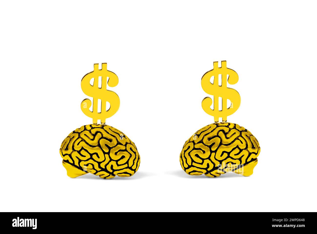 Two gold plated human brains adorned with large golden dollar signs ...