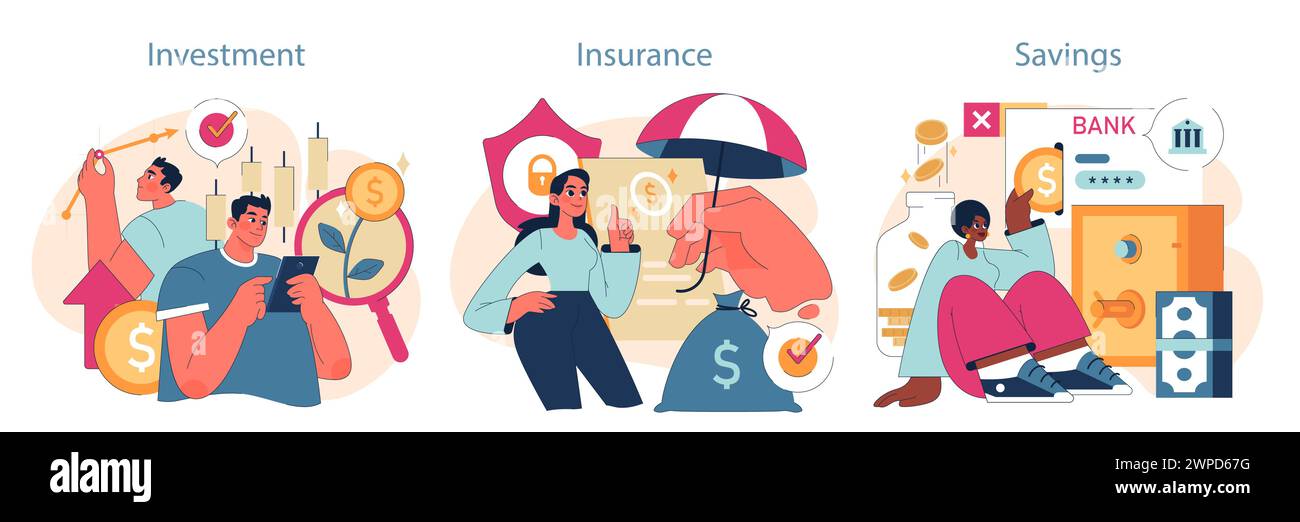 Financial literacy set. Individuals navigate the realms of investment ...