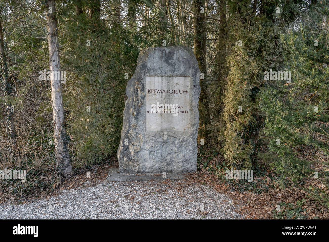 Dachau Concentration Camp Memorial Site. Monument to victims. The sign ...