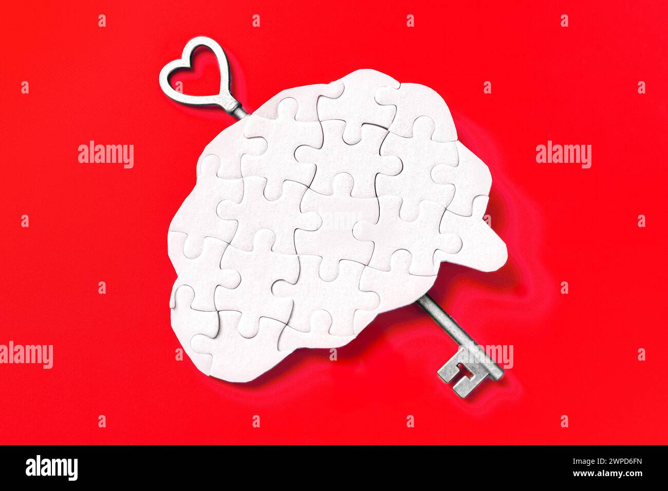 Human brain-shaped puzzle paired with a key, set against a bold red ...
