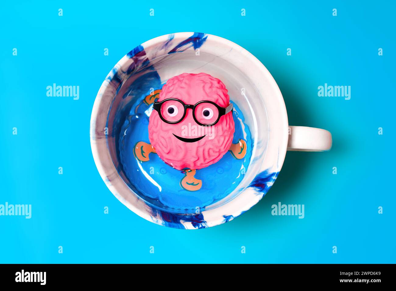 Smiling brain with googly eyes and glasses, casually floating on an ...