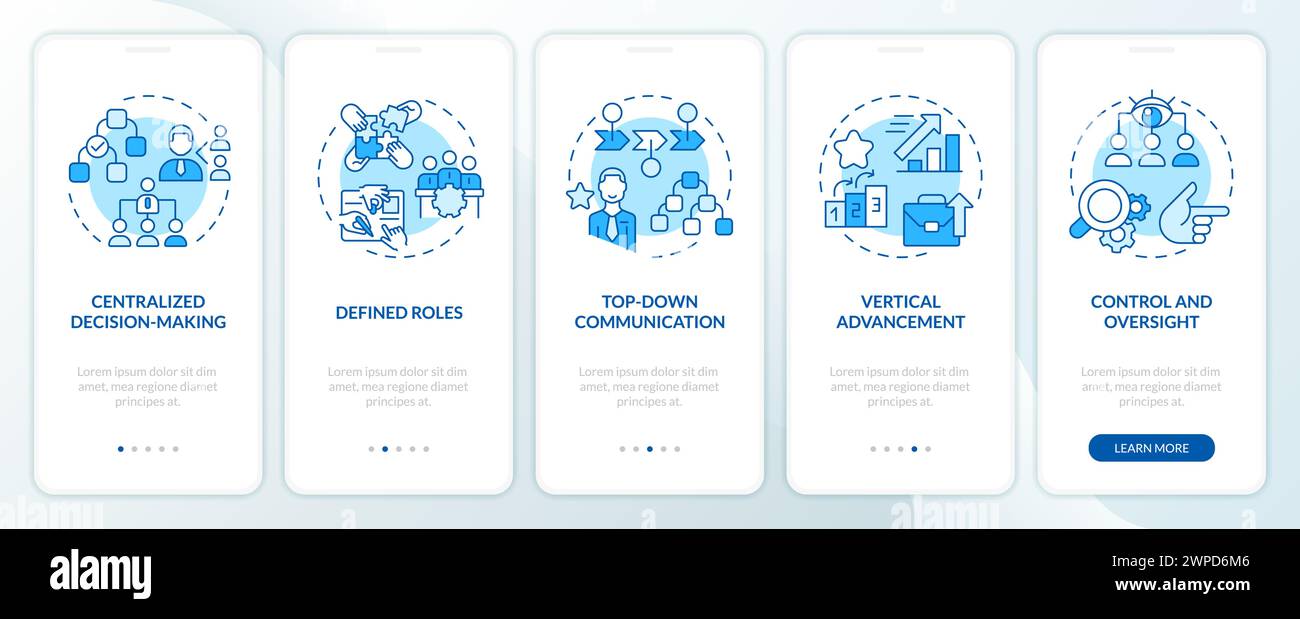 Hierarchical Structure Blue Onboarding Mobile App Screen Stock Vector
