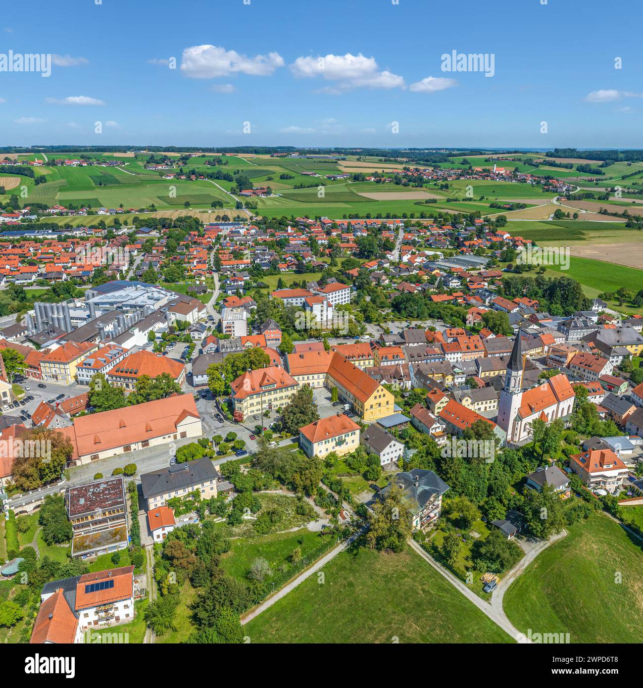 View of the market village of Haag in the Bavarian alpine foreland ...