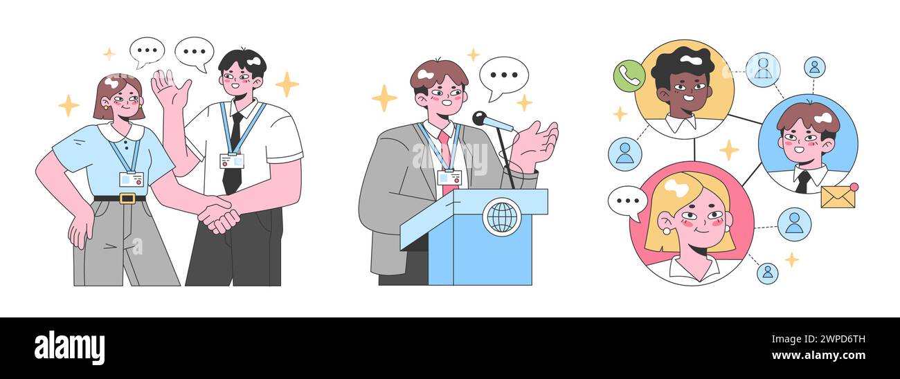 Corporate Communication set. Engaged employees discussing, speaker ...