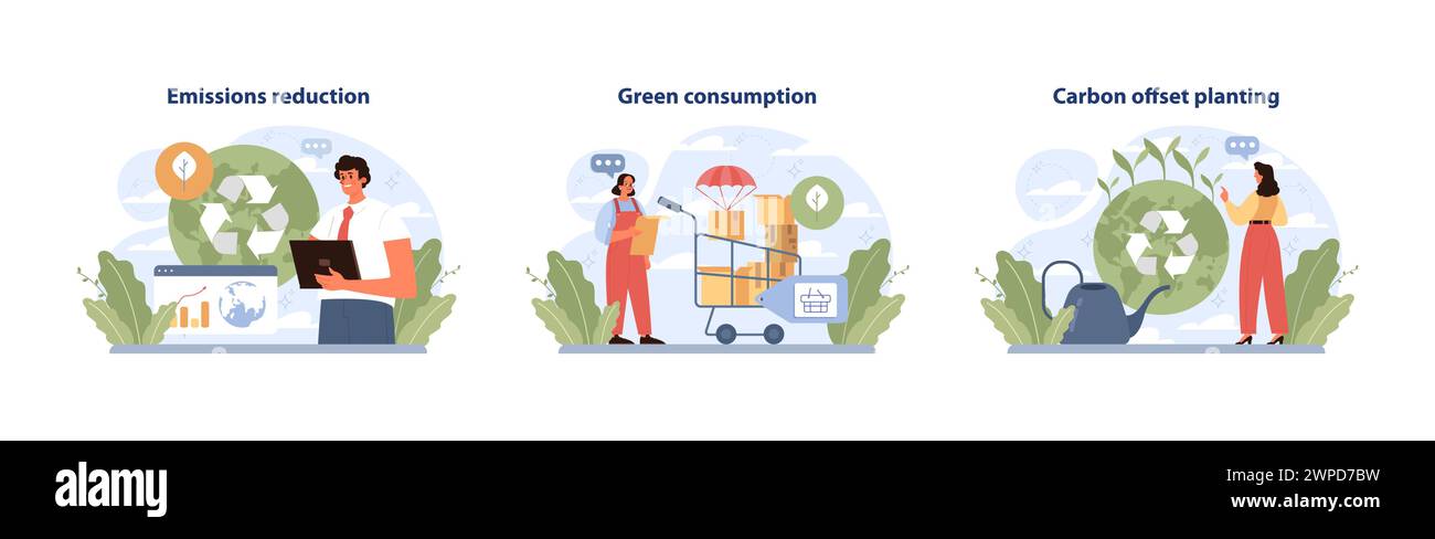 Sustainable practices set. Professionals monitor emission data, woman shops eco-friendly ...