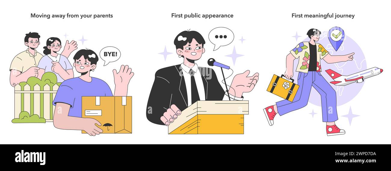 Youth and adulthood years set. Life milestones. Young male character ...